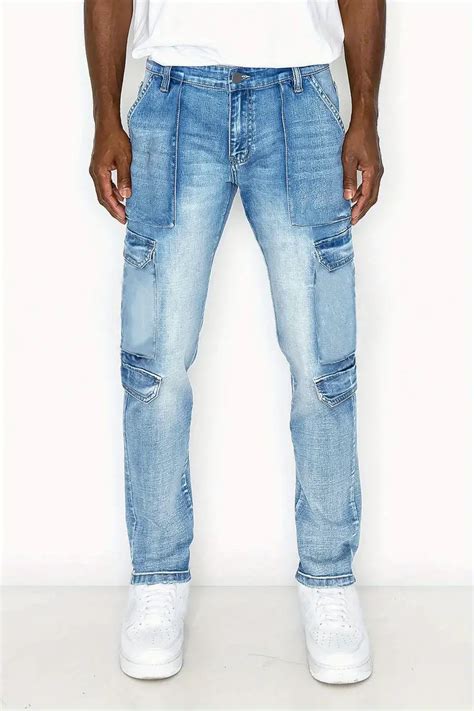 بنطلون جينز كارغو متعدد الجيوب بقصة ضيقة ، بنطلون جينز رجالي Temu