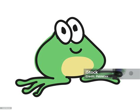 귀여운 재미 미소 지방 개구리 흰색 배경에 큰 눈을 가진 두부 광고 캐릭터 만화 손으로 그린 스타일 벡터 일러스트레이션 개구리에 대한 스톡 벡터 아트 및 기타 이미지