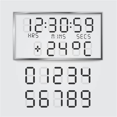 전자 알람 시계 디지털 글꼴 숫자와 온도의 그림 프리미엄 벡터