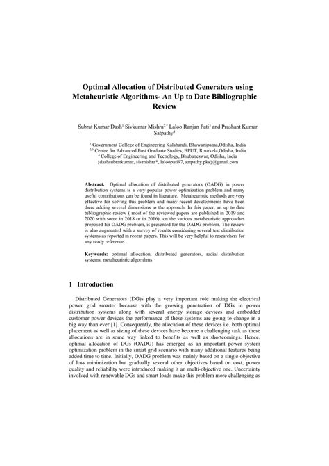 Pdf Optimal Allocation Of Distributed Generators Using Metaheuristic