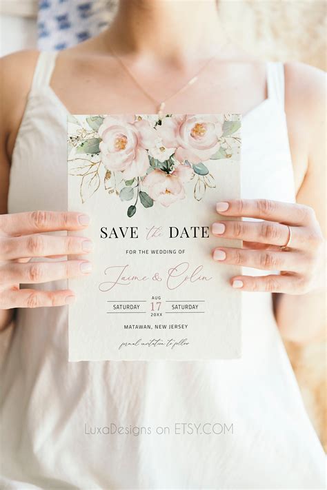 Blush Floral Save The Date Template Download Greenery Date Etsy
