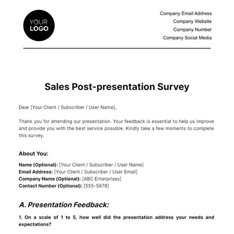 Free Sales Post Presentation Survey Template To Edit Online