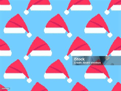 픽셀 산타 클로스 모자 완벽 한 패턴입니다 파란색 배경에 픽셀 아트 스타일의 크리스마스 모자 인사말 카드 포장지 배너 및