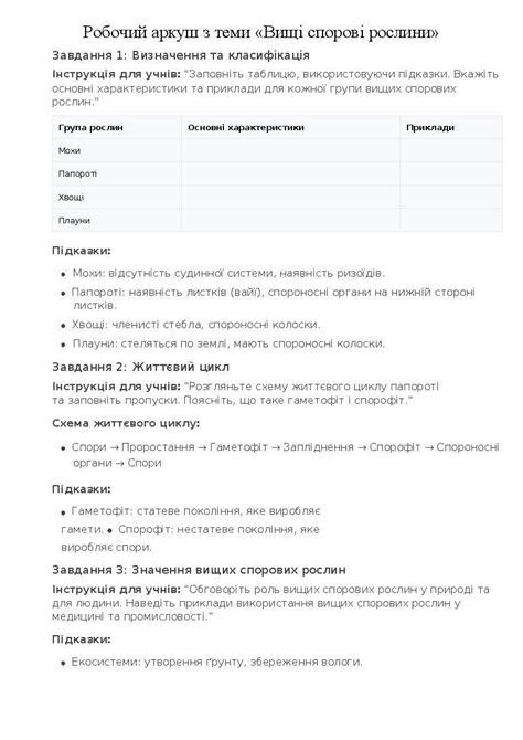 Робочий аркуш Вищі спорові рослини Інші методичні матеріали Біологія
