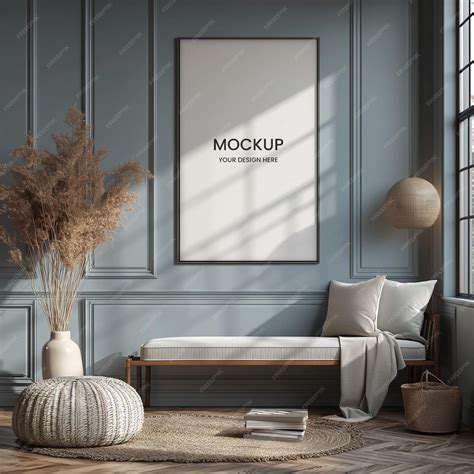Premium Psd Modern Living Room Wall Art Mockup Light Blue Wall Background