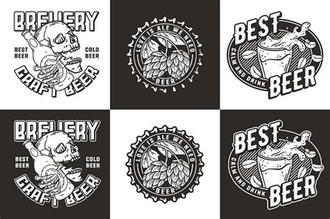 맥주 캡 캔 홉 스켈레톤 및 병이 있는 양조 엠블럼 또는 수제 맥주 로고의 맥주 세트 두개골 맥주 유리 및 바 펍 또는 양조장 상점을 위한 보리가 있는 라벨 또는 인쇄