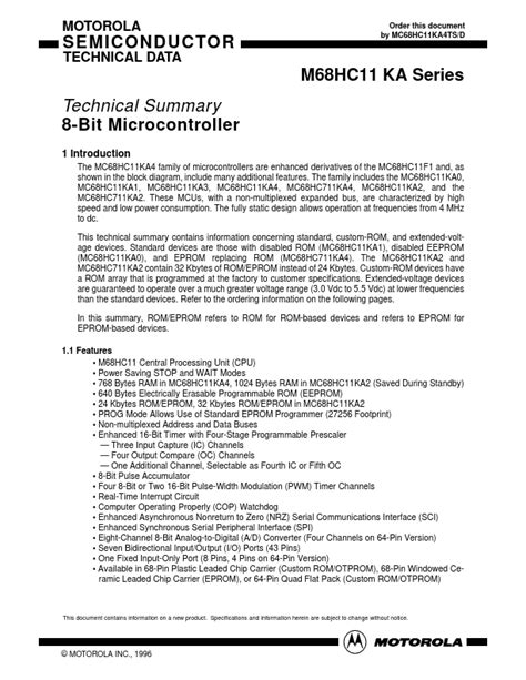 Mc68hc711ka4cfn4 Mc68hc11ka Datasheet Motorola 8 Bit Microcontroller