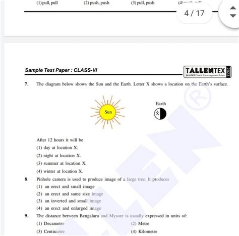Sample Test Paper Class Vi 7 The Diagram Below Shows The Sun And The Ea