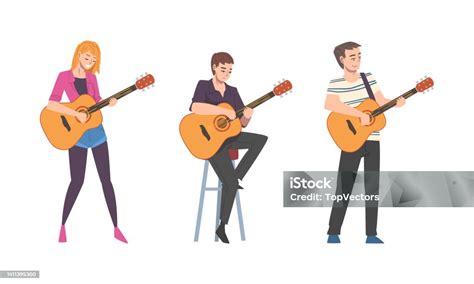 젊은 남자와 여자 뮤지션 기타리스트 캐릭터 연주 기타 공연 거리 콘서트 벡터 세트 기타 현악기에 대한 스톡 벡터 아트 및 기타