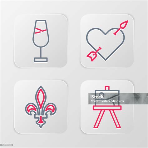 라인 이젤 또는 페인팅 아트 보드 Fleur De Lys 하트와 화살표가 있는 Amour 및 와인 잔 아이콘을 설정합니다 벡터 공란에 대한 스톡 벡터 아트 및 기타 이미지