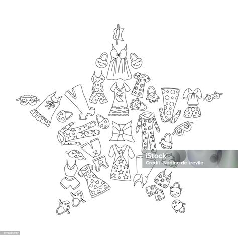 재미있는 잠옷과 잠옷 베개 및 화실 세트는 별 구성으로 배열되어 있습니다 선형 낙서 스타일로 손으로 그린 요소의 벡터 일러스트레이션이며 흰색으로 격리됩니다 색칠 공부 0명에