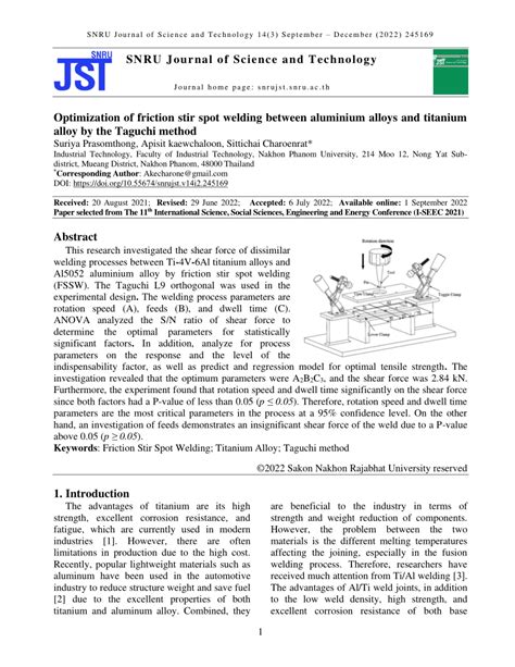Pdf Optimization Of Friction Stir Spot Welding Between Aluminium Alloys And Titanium Alloy By