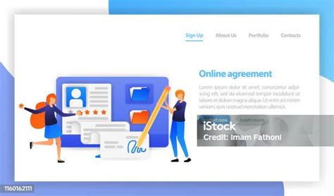 웹 배너 방문 페이지 모바일 Ui에 대한 평면 벡터 그림 컴퓨터와 온라인 계약 계약을 체결하는 사업가 스마트 디지털 계약 서명