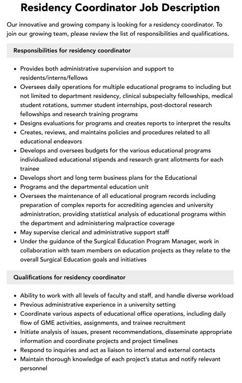 Residency Coordinator Job Description Velvet Jobs