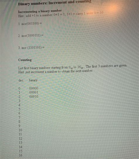 solved binary numbers increment and counting incrementing a