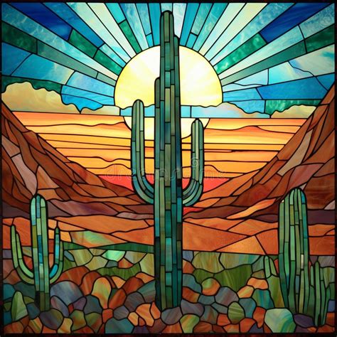 Stained Glass Landscape Of A Desert With Cactus And Saguaro Stock Illustration Illustration Of