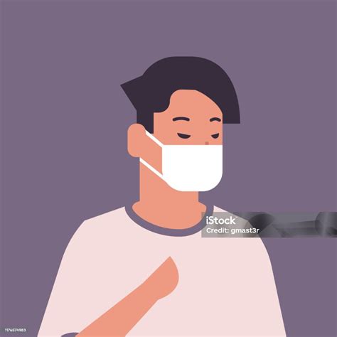 남자 착용 얼굴 마스크 환경 산업 스모그 먼지 독성 공기 오염 및 바이러스 보호 개념 남성 만화 캐릭터 초상화 평면 가공의 인물에 대한 스톡 벡터 아트 및 기타 이미지