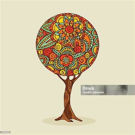 전통적인 민족 Boho 스타일에서 트리 만다라 미술 개념에 대한 스톡 벡터 아트 및 기타 이미지 개념 고풍스런 꽃 식물 Istock