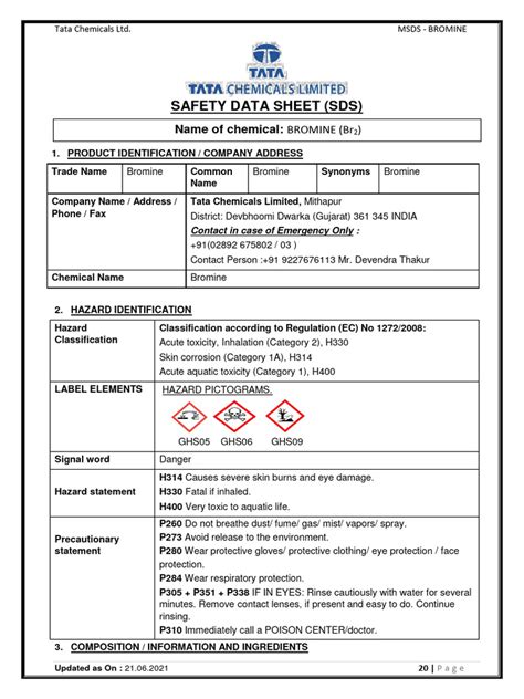 Bromine Tcl Sds Ghs 2021 Pdf Firefighting Physical Sciences