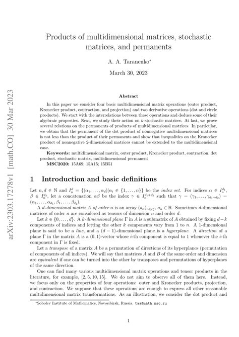 Pdf Products Of Multidimensional Matrices Stochastic Matrices And Permanents