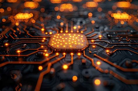A Circuit Board With A Glowing Orange CPU Stock Illustration Illustration Of Technology