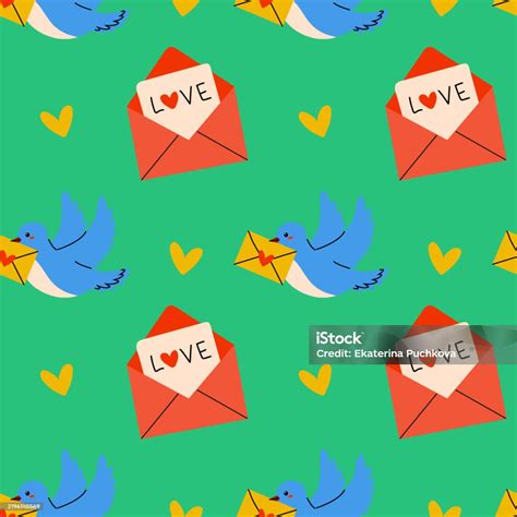 쾌활한 새와 얽힌 다채로운 러브레터가 특징인 아름답고 생동감 넘치는 디자인 발렌타인 데이에 대 한 완벽 한 패턴 현대적인 스타일의 벡터 일러스트 레이 션 공휴일에 대한 스톡