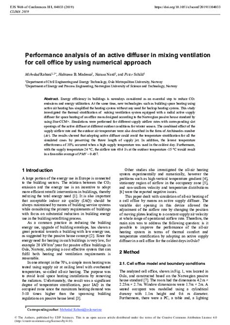 Pdf Performance Analysis Of An Active Diffuser In Mixing Ventilation For Cell Office By Using