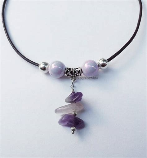 Красиво кожено Бохо колие със скъпоценни камъни Аметист Дамско бижу Скъпоценни камъни Би