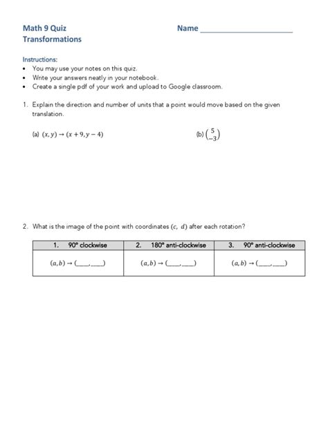Math 9 Quiz Transformations Pdf