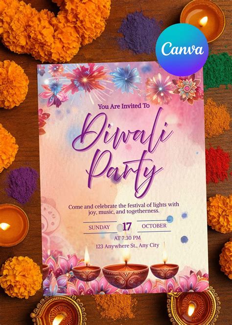 Editable Diwali Party Invitation Canva Template Printable Diwali