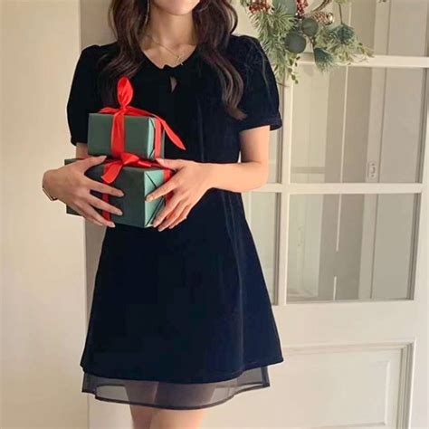 당고언니 ★기획★파티벨벳반팔ops1c 벨벳원피스 미니원피스 시스루 레이어드 리본 퍼프 반팔원피스 연말룩 파티룩 하객룩