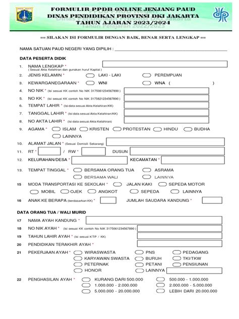 Formulir Ppdb Paud 2023 Pdf