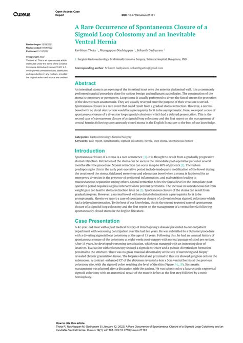 Pdf A Rare Occurrence Of Spontaneous Closure Of A Sigmoid Loop Colostomy And An Inevitable