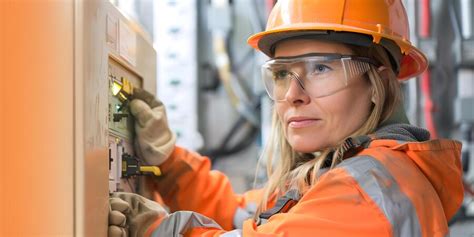 Woman In Safety Gear Conducting Inspection Of Commercial Fuse Box For