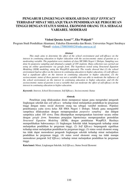 PDF Pengaruh Lingkungan Sekolah Dan Self Efficacy Terhadap Minat Melanjutkan Pendidikan Ke