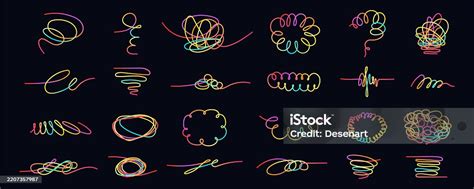 현대적인 손으로 그린 추상적 인 물결 모양의 선과 검은 색 배경에 생생한 색상의 낙서 스케치 모음 장난기 넘치는 기하학적 유동적인 유기적 형태가 고립되어 있습니다 트렌디한