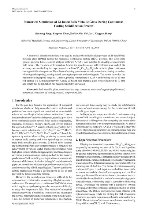 pdf numerical simulation of zr based bulk metallic glass during continuous casting