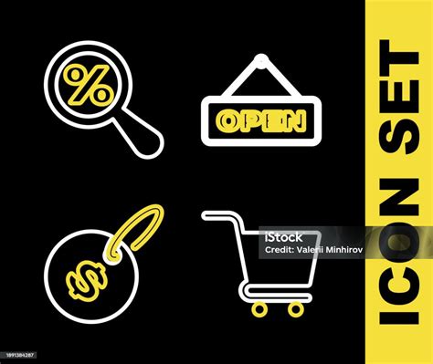 문 개방 쇼핑 카트 가격표 달러 및 돋보기 퍼센트 아이콘이 있는 선 교수형 표지판을 설정합니다 벡터 0명에 대한 스톡 벡터 아트 및 기타 이미지 Istock