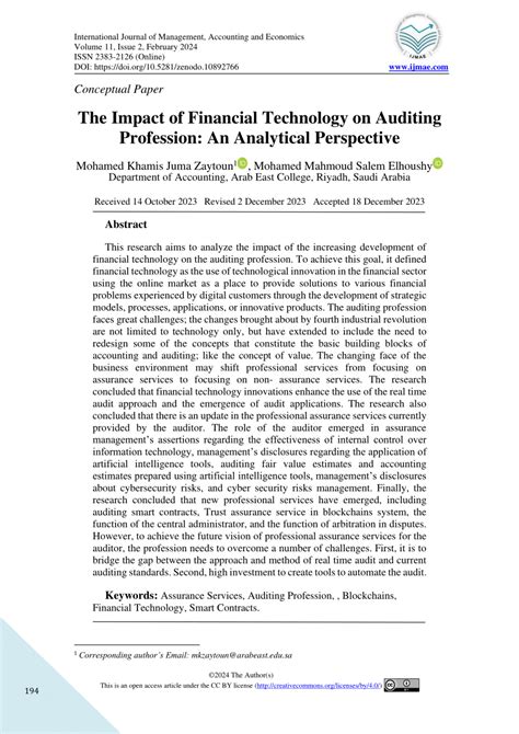 Pdf The Impact Of Financial Technology On Auditing Profession An Analytical Perspective