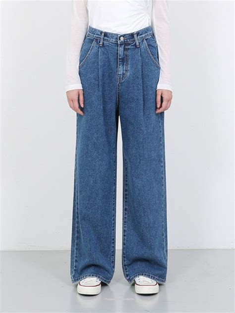 W84 원 턱 와이드 데님 팬츠 진청