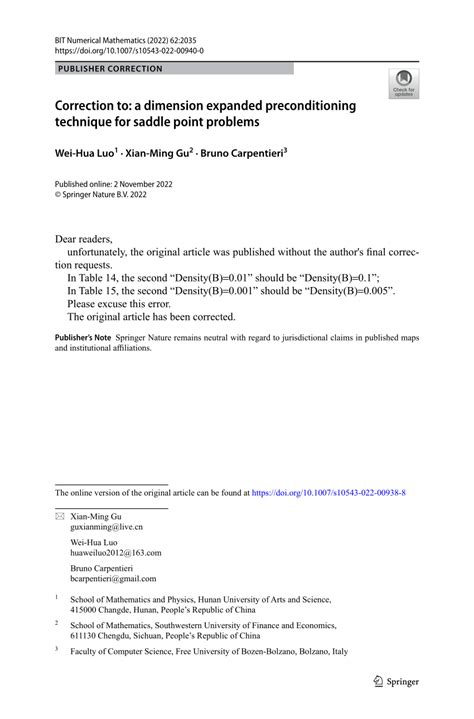 Pdf Correction To A Dimension Expanded Preconditioning Technique For Saddle Point Problems