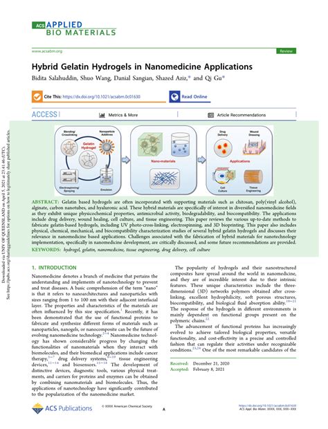 Pdf Hybrid Gelatin Hydrogels In Nanomedicine Applications