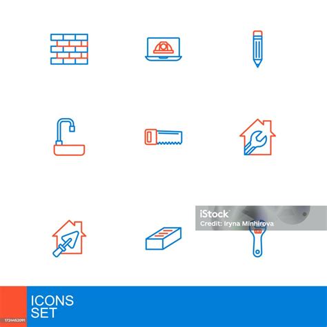 세트 라인 조정 가능한 렌치 벽돌 흙손이 있는 집 스패너 세면대 손톱 연필 지우개 및 작업자 안전 헬멧 아이콘 벡터 개수대에 대한 스톡 벡터 아트 및 기타 이미지 Istock