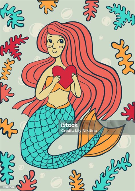 Putri Duyung Vektor Ilustrasi Fantasi Tangan Menggambar Di Bawah Laut Dunia Ilustrasi Stok