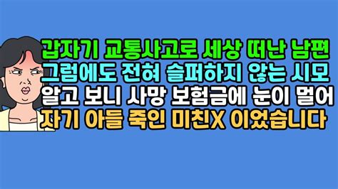 사연듣기 갑자기 교통사고로 세상 떠난 남편 그럼에도 전혀 슬퍼하지 않는 시모 알고 보니 사망 보험금에 눈이 멀어 자기 아들 죽인 미친x 이었습니다 Youtube