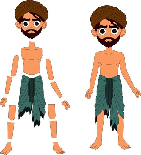 인도 남자 만화 일러스트레이션 모델 시트 프리미엄 벡터