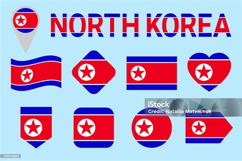 북한 국기 벡터 집합 기하학적 인 모양입니다 플랫 스타일입니다 북한 Natioanl 기호 컬렉션입니다 스포츠 국가 여행 지리적 애국 디자인 요소 국가 이름 가진 분리 된