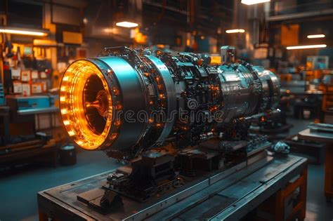Modern Jet Engine In Industrial Setting High Tech Engineering And Manufacturing Process