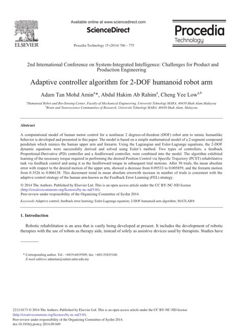 Pdf Adaptive Controller Algorithm For 2 Dof Humanoid Robot Arm