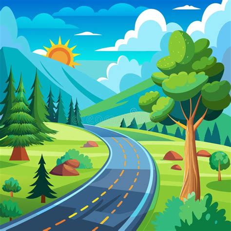 Road Background Cartoon Spring Road Background Forest Road Cartoon